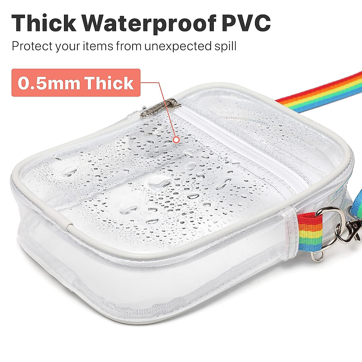 F-color Clear Bag Stadium Approved, Clear Purse for Concerts Sports Events Festivals, Clear Bags for Women with Adjustable Rainbow Strap, White