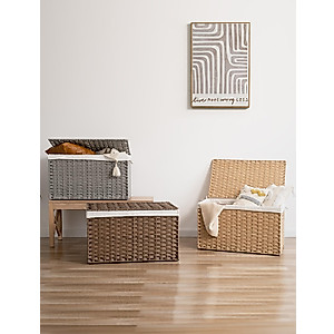 StorageWorks Storage Basket with Lid, 160 Liter Storage Box, Wicker Blanket Storage Basket with Handles, Foldable, Removable Fabric Liner, Metal Frame, For Bedroom, Laundry Room, Brown