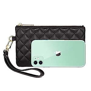 Premium Genuine Full Grain Leather Wristlet Pouch Zip Clutch Wallet w. Card Slots Phone Purse with Wrist Strap For Men Women (Black Quilted)