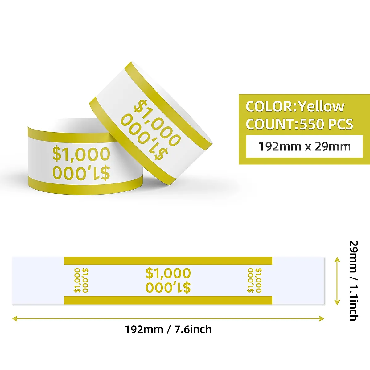 Money Bands 550 Pack for Cash Self Adhesive Wrappers for Bills Currency Straps for Dollar Wraps Organizer($1000 / Yellow)