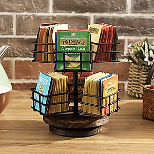 MyGift Black Metal Wire Tea Organizer Spinning Carousel Teabag Holder Basket with Dark Brown Wood Base, 6-Compartment Tea and Coffee Station Condiment Rack