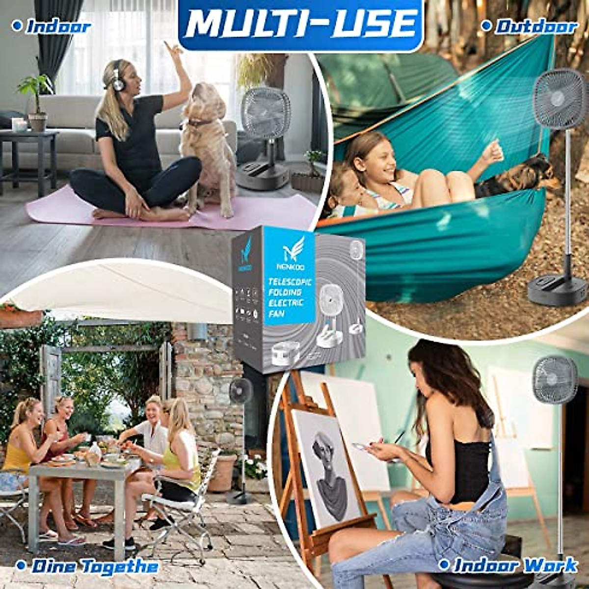 Nenkoo Battery Operated Desk Fan 12500mAh, Portable Oscillating Travel Fan 8", Telescopic Floor Fan 4 Speed, Timing Black Table Fan Adjustable Height 14.6"-40.2" Remote Control Fan Home Outdoor