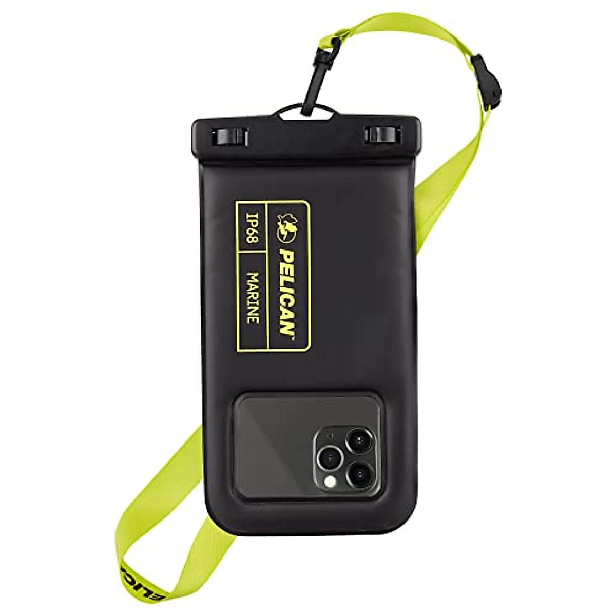 Pelican Marine - IP68 Waterproof Phone Pouch / Case (Regular Size) - Floating Waterproof Phone Case For iPhone 14 Pro Max/ 13 Pro Max/ 12 Pro Max/ 11/ S23 Ultra - Detachable Lanyard - Black/Yellow