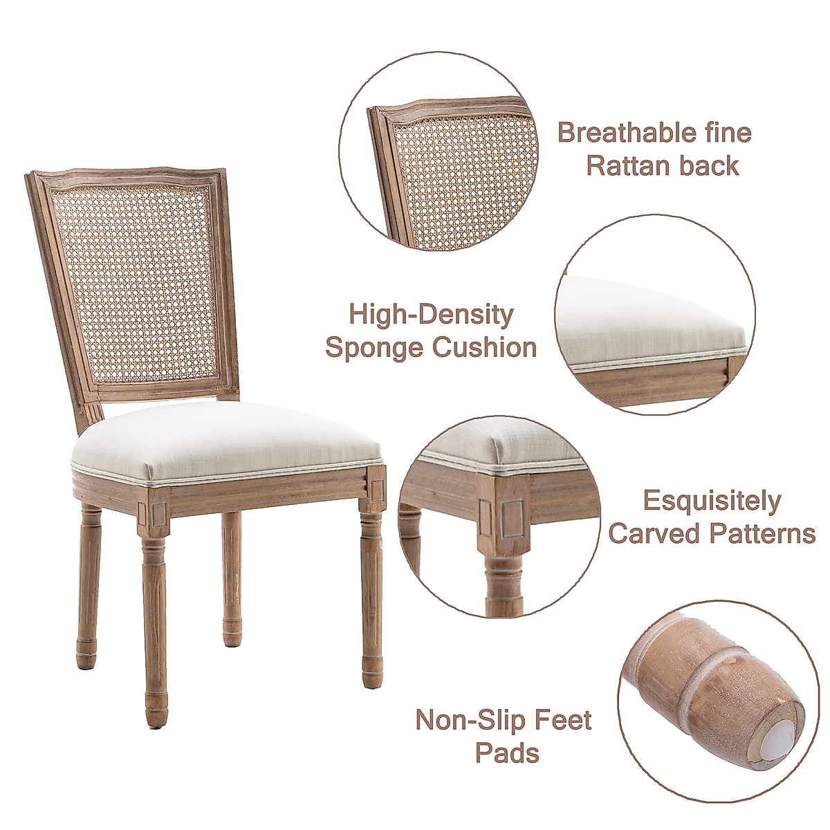 Nrizc Farmhouse Dining Room Chairs Set of 4, French Dining Chairs with Square Rattan Back, Solid Wood Legs, French Bistro Chairs for Dining Room/Living Room/Kitchen/Restaurant