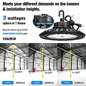 【Upgraded】 UFO LED High Bay Lights 240/200/150W 3-Watts Adjustable Flicker Free -36000LM Super Bright High Bay Shop Lights 5000K, 0-10V Dimmable, 6' Cable, 100-277V for Garage Barn Warehouse(2 Pack)