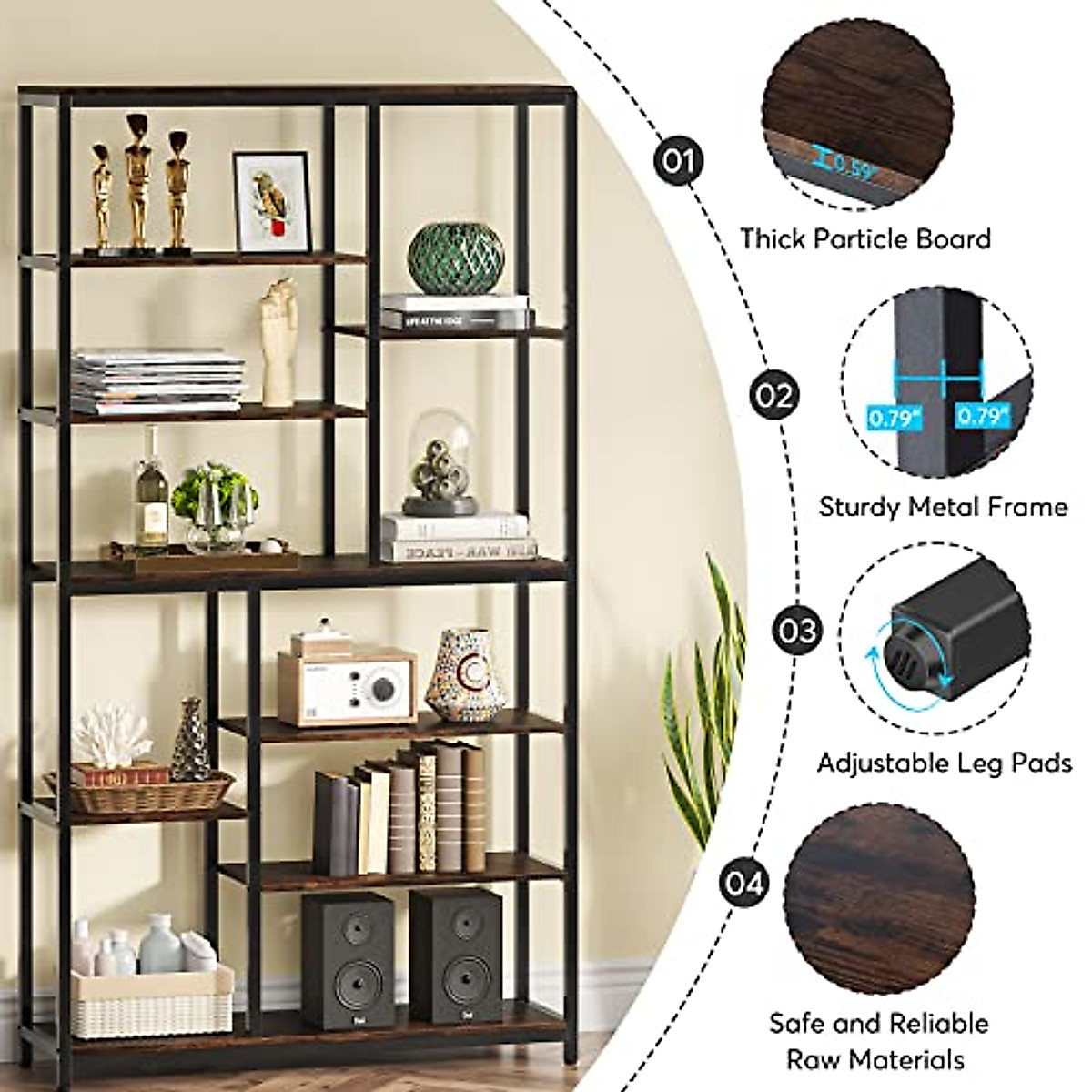 Tribesigns 79 Inches Tall Bookcase with Open Shelves, 9-Tier Industrial Bookshelf, 10 Cubes Etagere Storage Shelves Display Shelf for Home Office, Vintage Brown & Black