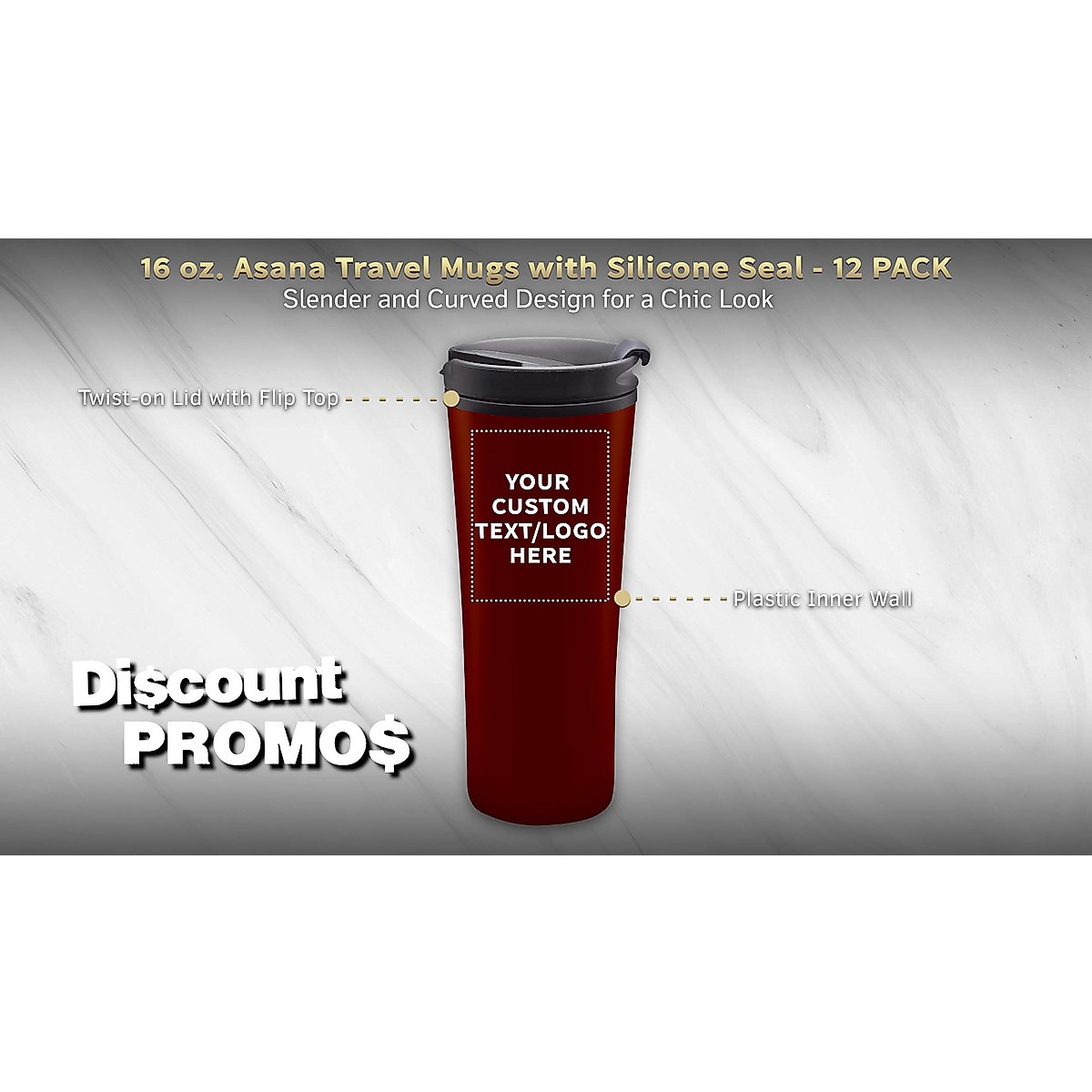 Personalized 16 oz. Asana Travel Mugs with Silicone Seal - 12 Pack - Custom Text, Logo - Red