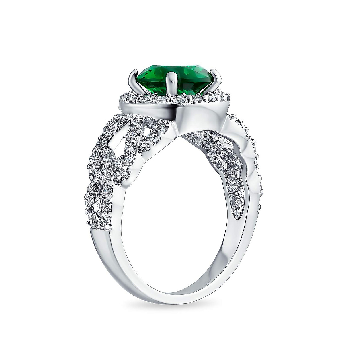 Bling Jewelry Personalize Fashion Round Solitaire Cubic Zirconia CZ Pave Simulated Emerald Green Art Deco Style 3CT Cocktail Statement Ring For Women Silver Plated Engrave it