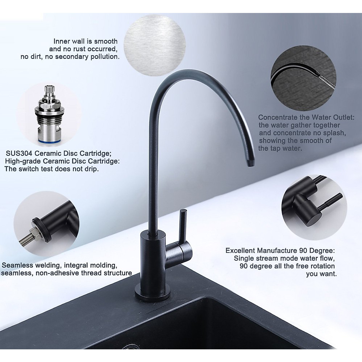 ESOW Kitchen Water Filter Faucet, 100% Lead-Free Drinking Water Faucet Fits Most Reverse Osmosis Units or Water Filtration System in Non-Air Gap, Stainless Steel 304 Body Matte Black Finish