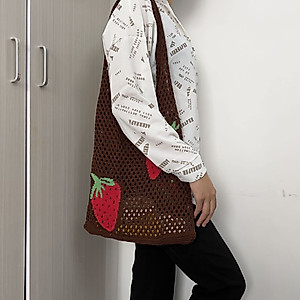 Alafime Women's Shoulder Handbags Aesthetic Knitted Hobo Bag Cute Hollow Strawberry Bag Y2K Underarm Bag Beach Bag Y2K Shoulder Cute Flower Knitting Tote (Brown)