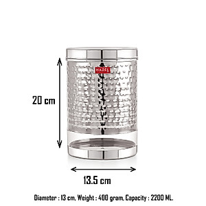 HAZEL Stainless Steel Container For Kitchen Storage Hammered Finish Transparent See Through Glossy Storage Jar Dabba, Set of 6, 2200 ML, Silver