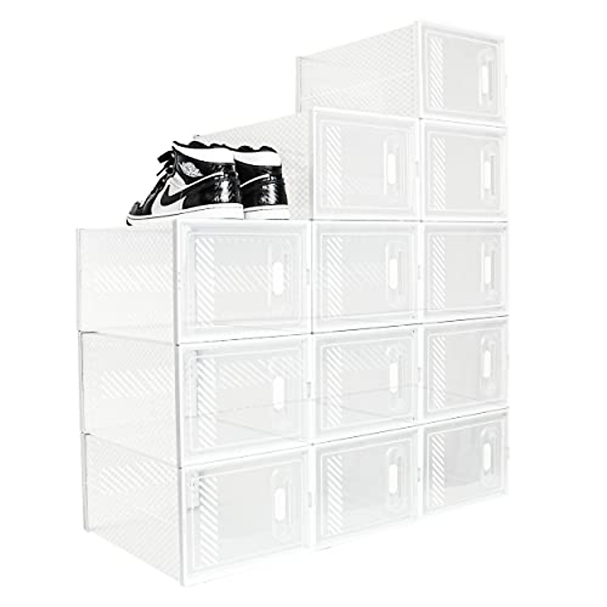 Hrrsaki 12 Pack Size 13 Shoe Storage Boxes, Shoe Boxes Clear Plastic Stackable, Shoe Organizer Boxes with Front Opening Lids, Ventilation and Dust-proof, Shoe Container Boxes for Closet, Bedroom, Bathroom