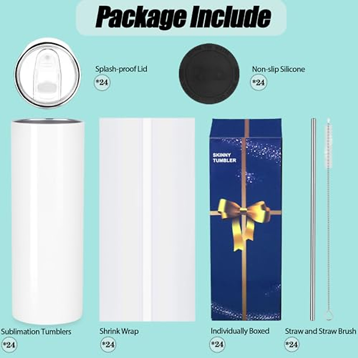 Tswofia 20 oz Stainless Steel Insulated Straight Sublimation Tumblers, 24 Pack, White, Skinny, Modern, Reusable, Perfect for Home and Travel