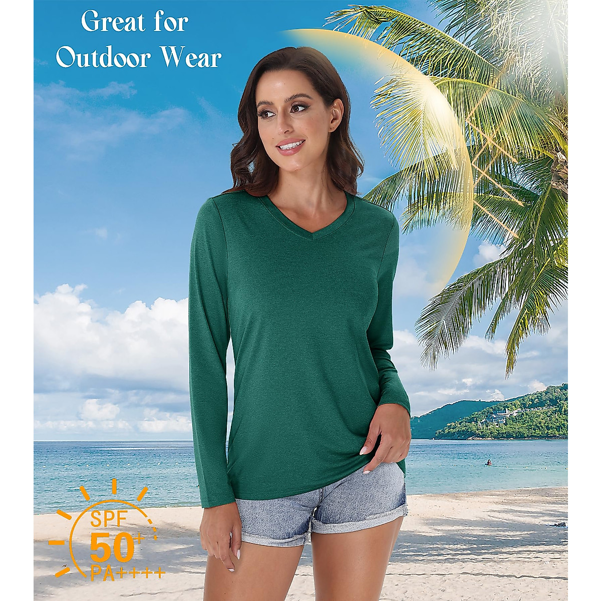 Workout Tops for Women Athletic Shirts & Tees Long Sleeve V Neck T Shirts Quick Dry Performance Shirt for Women Emerald Green