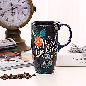 DUSVALLY Ceramic Travel Mug with Handle, Splash-Resistant Slider Lid, Ceramic Coffee Mug for Office and Home, Microwave & Dishwasher Safe, Just Believe Flower
