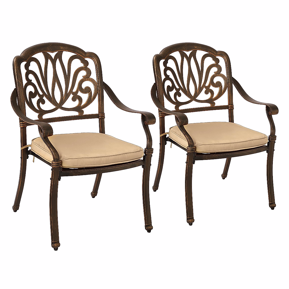2 Piece Outdoor Dining Chairs, Cast Aluminum Dining Chairs Set of 2, Patio Bistro Chairs Set with Cushions for Patios, Gardens, Pools, Terraces (Flower Design with Khaki Cushion)