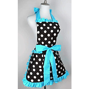 Kitchen Aprons Woman Retro Vintage Girl Polka Dot Cooking Pinafore Christmas Apron Dress (Dot Turquoise)
