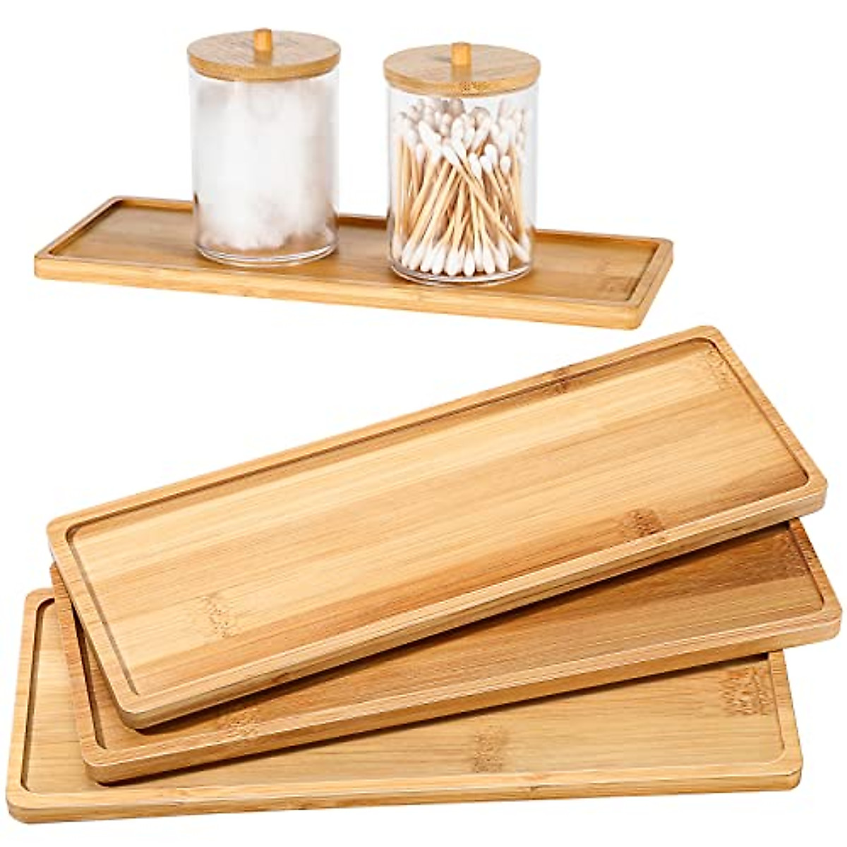 Bamboo Tea Serving Tray 3 Pcs Decorative Multi Use Bathroom Rounded Edges Vanity Tray for Dresser Counter Food, Coffee, Snack, Tissues Candles, 11 x 4 Inch