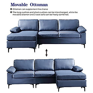 ovios 100" L-Shaped Sectional Sofa with Reversible Chaise, Luxury Deep Seat Couch with Convertible Chaise, Minimalism Cloud Sofas Couches for Living Room, Faux Leather, Blue