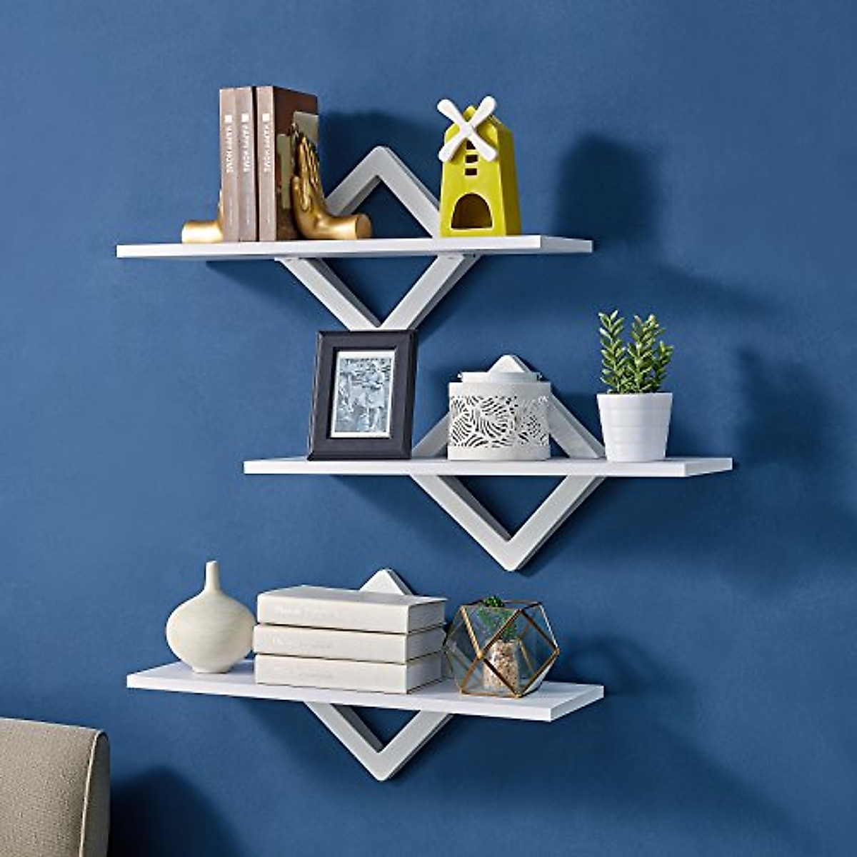 Danya B. Diamonds 3-Level Shelving System – Decorative Floating Shelves –Wall Mount – White