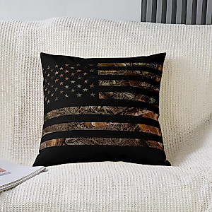 Set of 2 American Flag Camo Throw Pillow covers 18x18, Military Hunting Pillow covers, Rustic Tree Leaves Camouflage Cushion cases, Nature Branches Decorative Pillow covers for Boys, Black Brown
