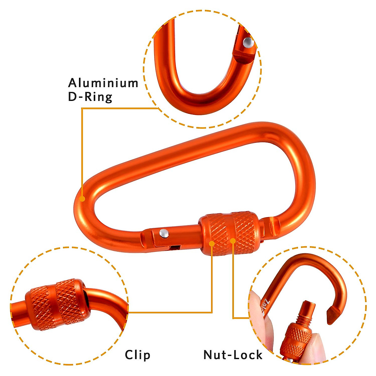 Zalava 2" 10 pcs D-Clip Durable Locking Carabiner Clips Keychain Clip, Spring-Loaded Aluminum Keychain Clip Hook, Screwgate Locking Carabiner Clip Outdoor, Indoor, or Dog Leash Round