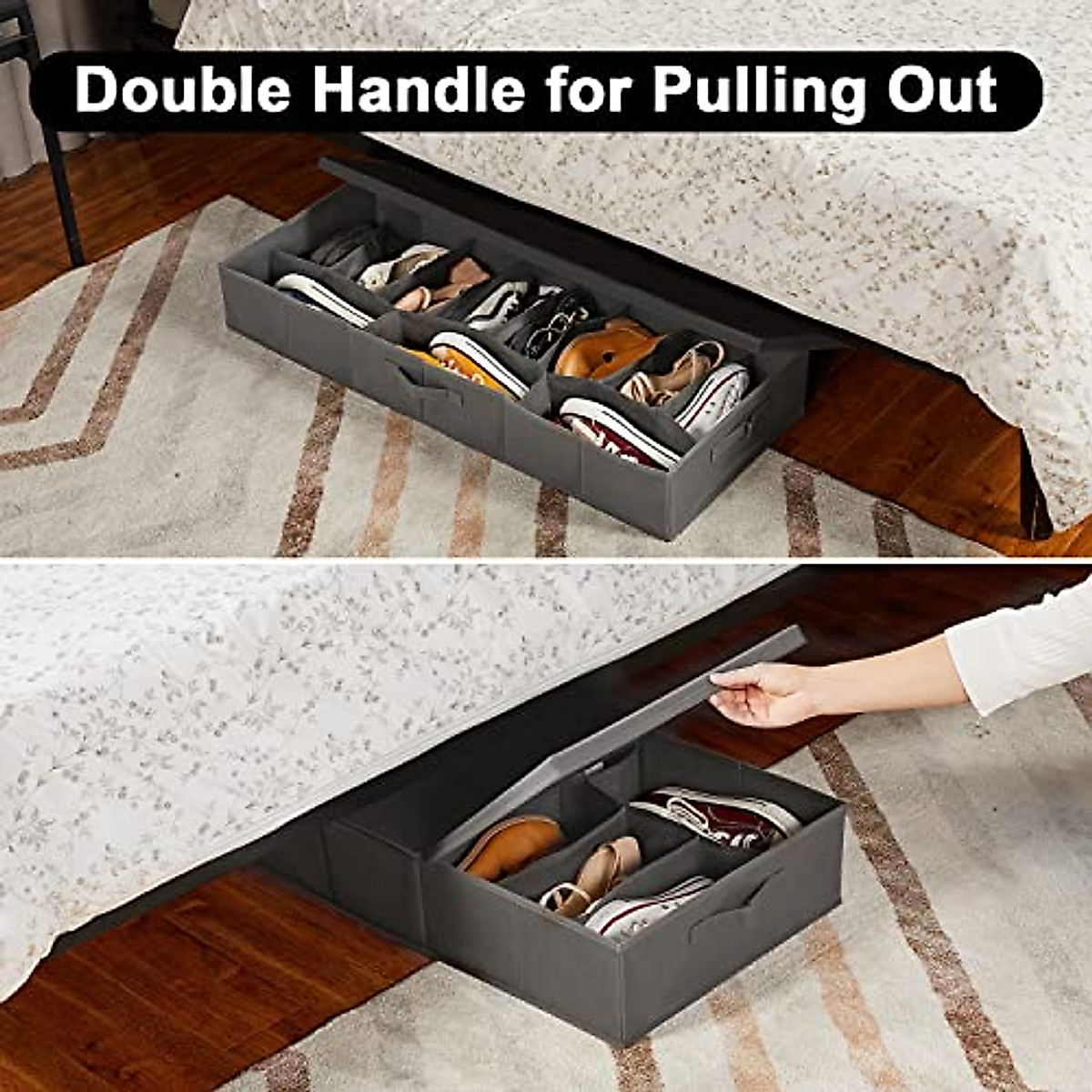 HOUSE AGAIN Under Bed Shoe Storage Organizer with Lid, Foldable Shoes Storage Bin Set of 2, Stackable Underbed Storage Containers with 2 Handles, Fits Total 22 Pairs, Dark Grey