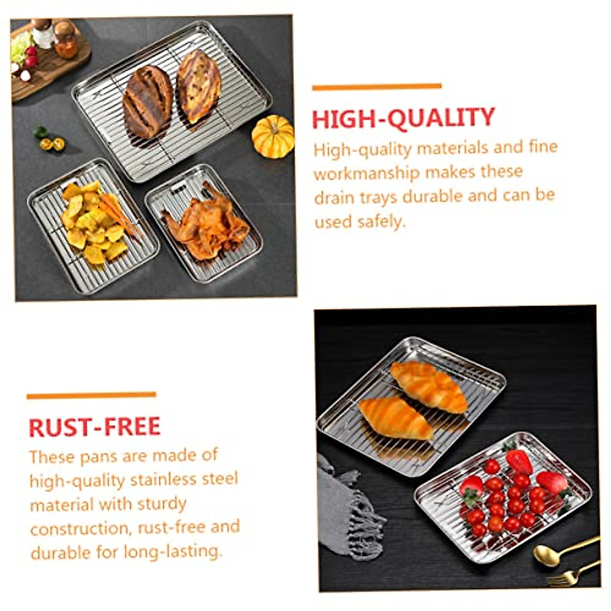 RORPOIR 2pcs Stainless Steel Drainer Bread Loaf Pan Toaster Oven Tray Roasting Pans for Ovens Baking Pan with Cooling Rack Cookie Sheets Wire Baking Mat Drain Dishes Baking Sheet Bakeware