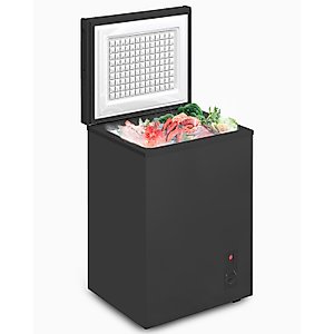 Muhub 3.5 Cu Ft Chest Freezer, Compact Freezer with 7 Level Adjustable Temperature,Top Open Door Freezer with Removable Storage Basket,Energy Saving Deep Freezer, Black