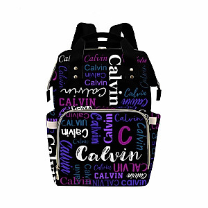 Personalized Bag, Custom Diaper Bag White & Purple Name Initial Black Fashion Multipurpose Daycare Bag Mummy Nursing Baby Bags Shoulder Bag Casual Daypack Bag for Mom Shopping