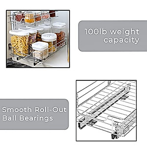 Smart Design Pull-Out Cabinet Organizer – 2-Tier Chrome, Small Top, Medium Bottom – Steel Sliding Cabinet Organizer Holds Up To 100 lbs. for Optimal Home Organization and Storage