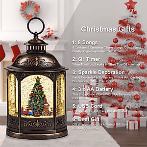 Ponsonbay Christmas Musical Snow Globe Lantern Lighted Snow Globe Lantern with 6H Timer USB Powered & Battery Operated Spinning Water & Swirling Glitter 8 Songs (L-Christmas Tree-Black)