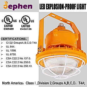 60W LED Explosion Proof Light, UL 844 Certified Class I Division II High Bay Warehouse Lighting, 8400 Lumens 240W Equivalent, 5700K Daylight, IP66 Waterproof, 3/4" NPT/Bracket Installation
