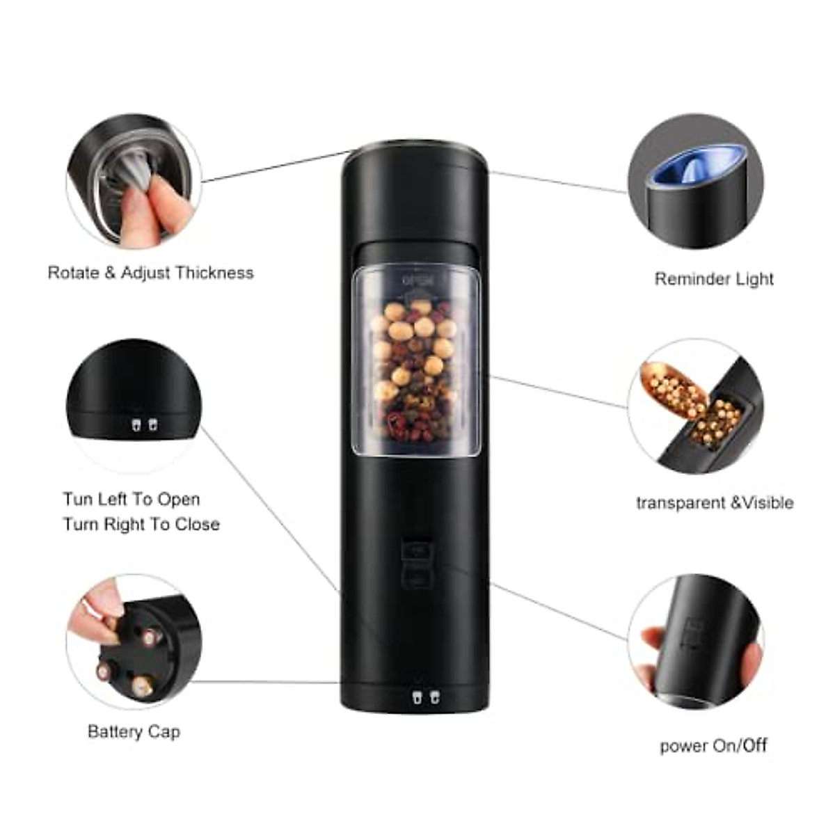 STANFORD Battery Operated Salt and Pepper shaker in one, Electric Pepper Grinder, Battery Operated Pepper Grinde, One Handed Automatic Operation with Adjustable Coarseness Mill, Black