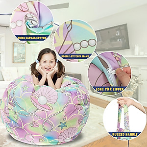 LOLOMLO Stuffed Animal Storage Bean Bag Chair Cover, Hold Kids Plush Toys Blankets Towels Beanbag (Cover Only), Canvas Floor Circle Stuff Sit Seat Sofa with YKK Zipper, Large 32", Pink Shell