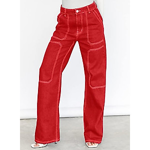 Dokotoo Wide Leg Jeans for Women Casual High Waisted Cargo Jeans Denim Pants Red Size 12