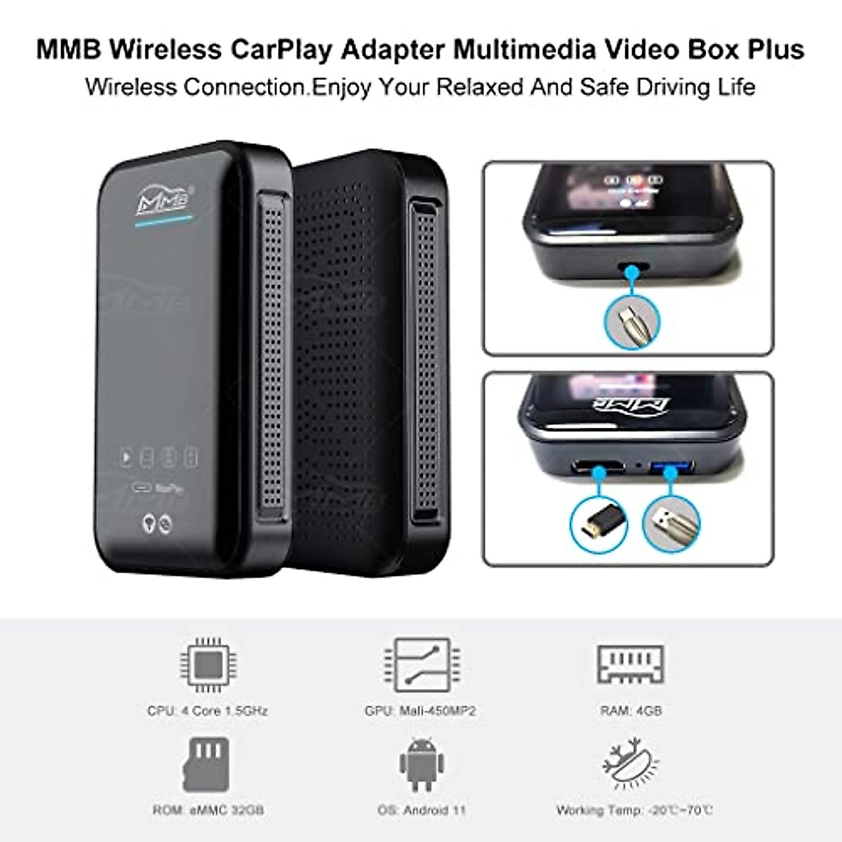 Smart World Company MMB 11.0 Android OS Video Streaming Adapter for Carplay and Android Auto Media interfaces enables app Download Music Video Navigation USB Type-C HDMI