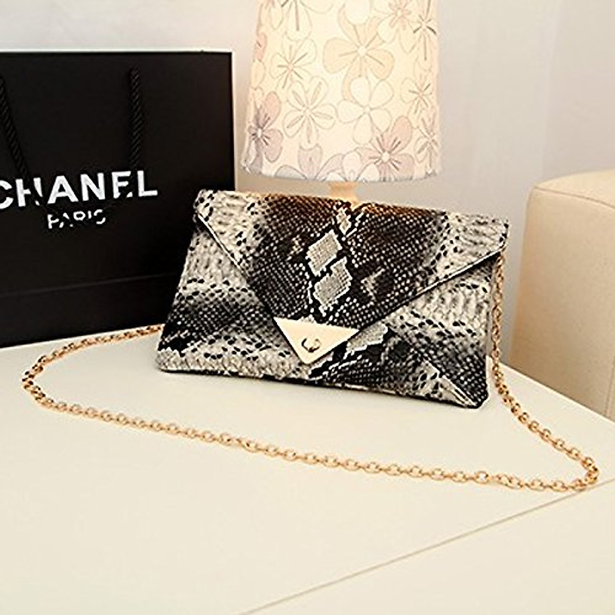 CLARA Women Fashion Snakeskin Pattern Clutch Handbag Envelope Bag Chain Shoulder Bag Evening Party Bag