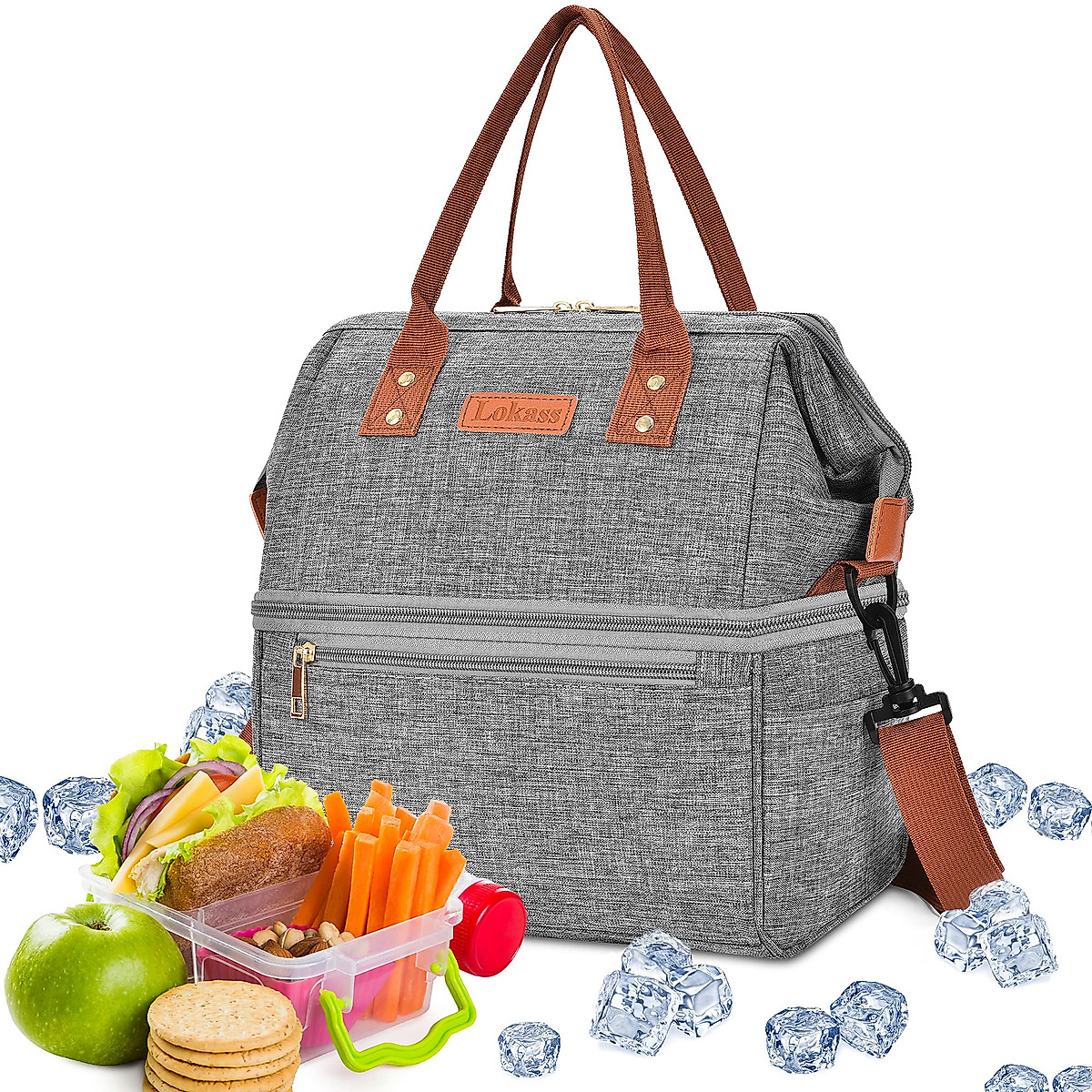 DTBG Lunch Bags for Women Wide Open Insulated Lunch Box With Double Deck Large Capacity Cooler Tote Bag With Removable Shoulder Strap Lunch Organizer For Men/Outdoor/Work(Grey)
