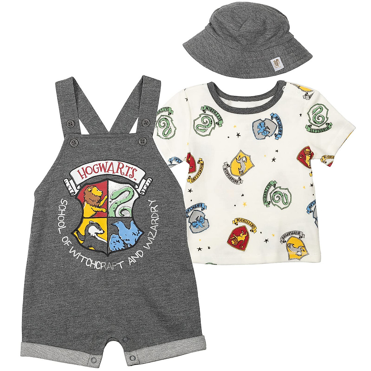 Harry Potter Hogwarts Newborn Baby Boys French Terry Short Overalls T-Shirt and Hat 3 Piece Outfit Set 3-6 Months