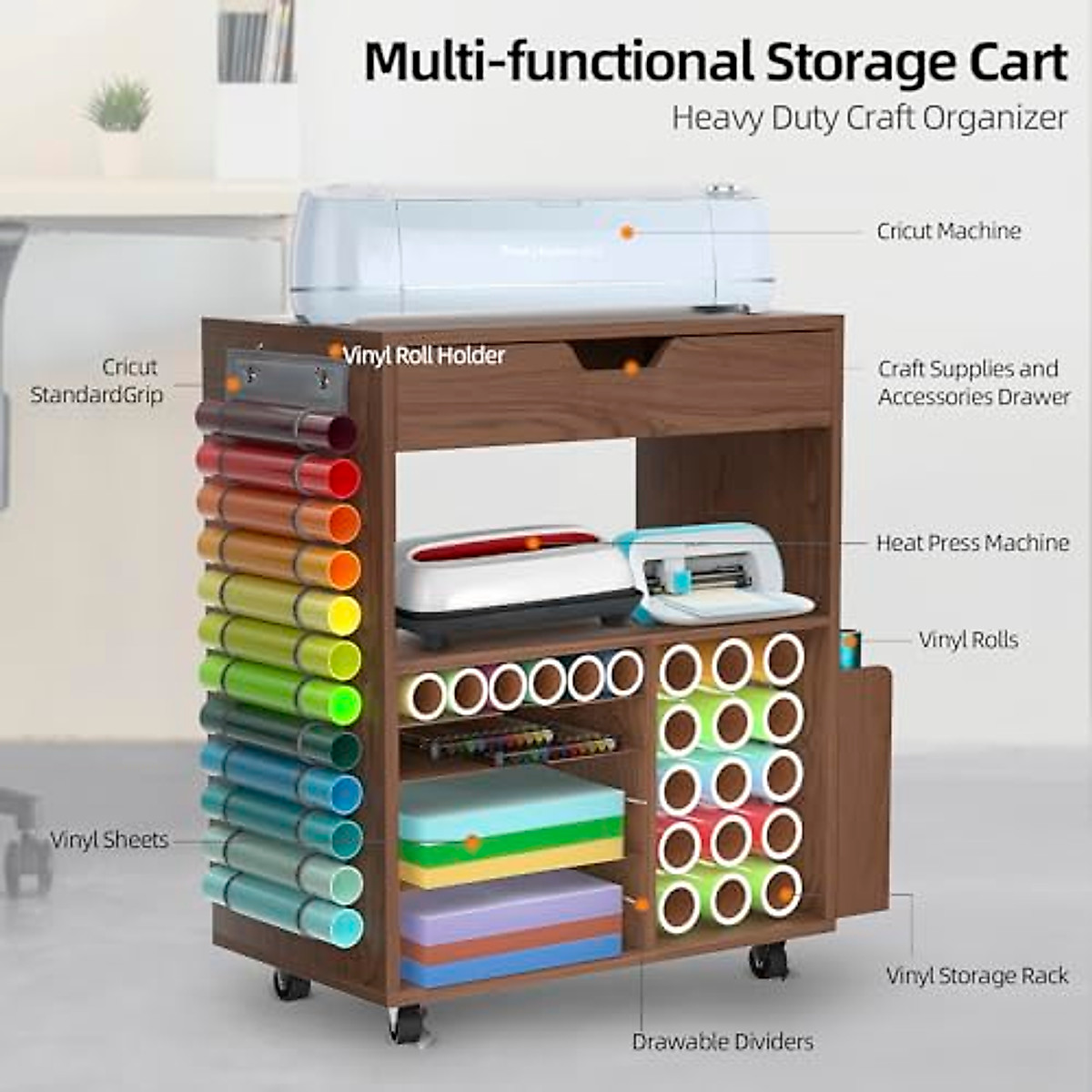Storage Cart Organizer Compatible with Cricut Machines,Rolling Craft Cart with Extra 12 Vinyl Roll Holders,Crafting Organizer Desk Cabinet Workstation for Craft Room Home