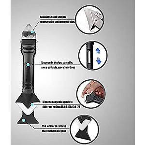 3 in 1 Silicone Caulking Tools, Glass Glue Angle Scraper, stainless steelhead Caulk Remover and Sealant Scraper, For Kitchen Bathroom Window And Frames Sealant Seals (1 Pack)
