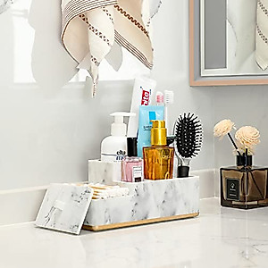 Toothbrush Holder, Aimou Bathroom Organizer Countertop, Bathroom Counter Storage Electric Toothbrush Toothpaste Razor Holder for Bathroom/Vanity, Cotton Ball, Cotton Swab, Floss, Marble White