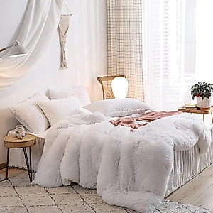 HAIHUA White Faux Fur Comforter Cover Queen Size - Fluffy Luxury Ultra Soft Plush Comforter 3 Pieces (1 Shaggy Duvet Cover + 2 Pillow Shams) Faux Fur Fuzzy Bedding Set (White, Queen)