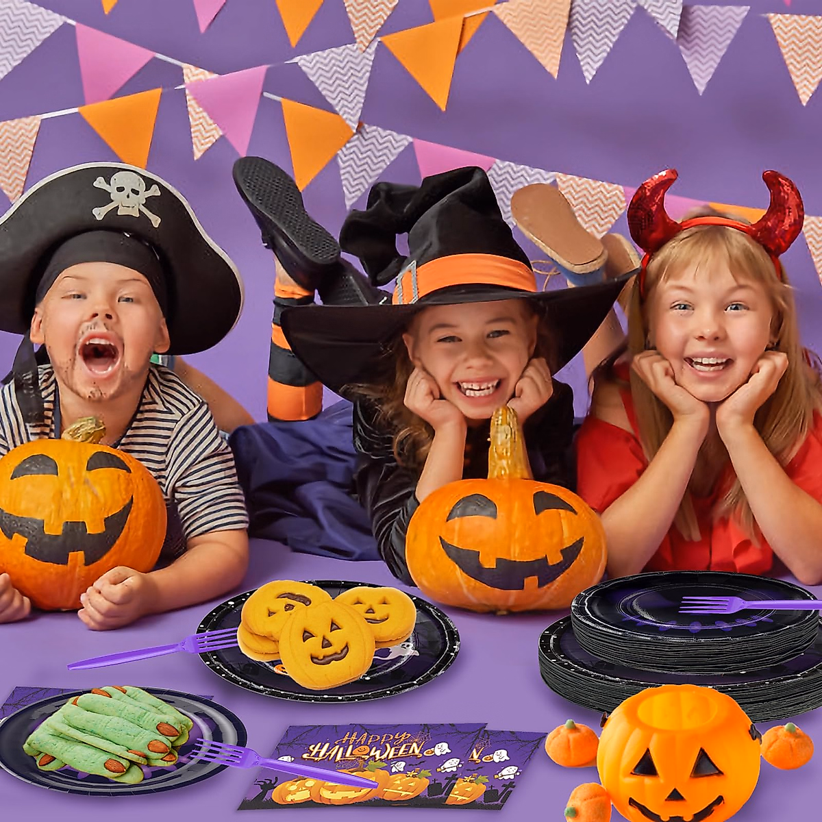 96 Pcs Halloween Party Plates and Napkins Halloween Party Supplies Serves 24 Purple Black Halloween Ghost Pumpkin Theme Tableware Set Halloween Party Decorations for Birthday Party Baby Shower