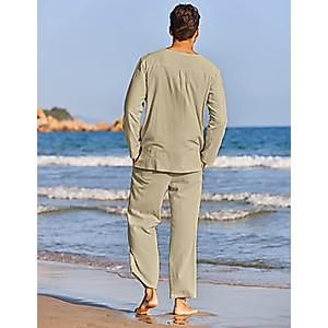 COOFANDY Men's 2 Pieces Cotton Linen Set Henley Shirt Long Sleeve and Casual Beach Pants Summer Yoga Outfits