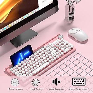 Typewriter Style Wireless Keyboard and Mouse Combo, Cute Pink Wireless Keyboard Mute Keyboard 2.4G with Retro Round Keycap Ergonomic Design and Waterproof Keyboard Mouse Combo, White & Pink