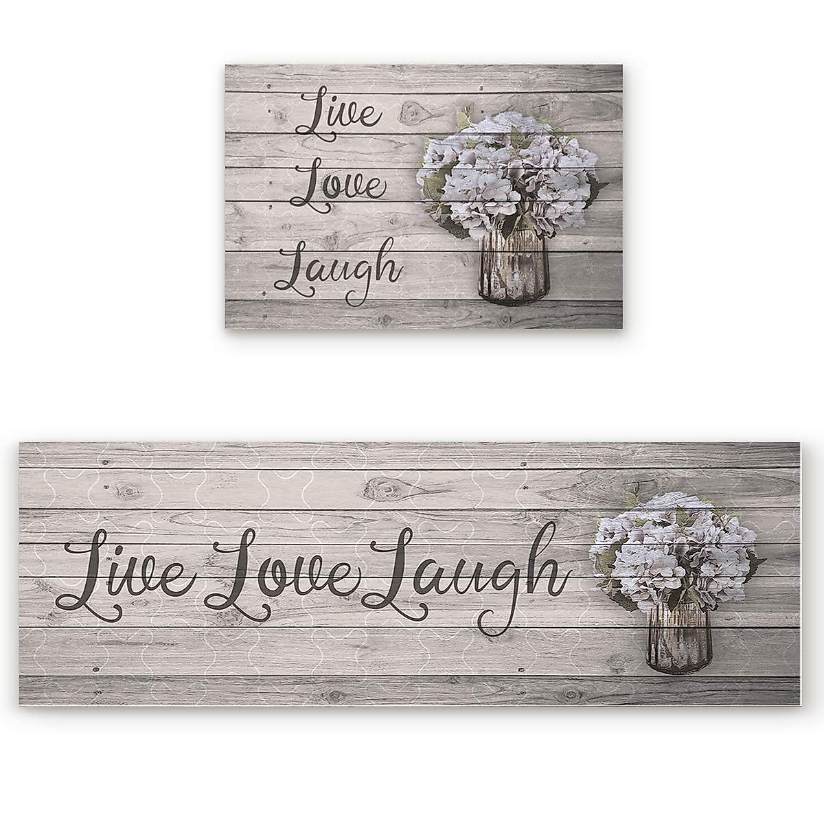 Infinidesign 2 Piece Kitchen Mat Non-Slip Floor Mat Super Soft Indoor Rugs Bathroom Runner Rug Set Carpet,Live Love Laugh Vintage Hydrangea Flowers on Wooden Plank (15.7"x23.6"+15.7"x47.2" inches)