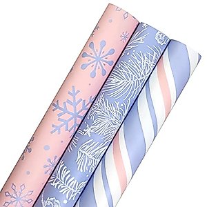 LDGOOAEL Mini Short Small Christmas Wrapping Paper Roll with Cut Lines on Reverse (17" X 120" Per Roll) - Pink Snowflakes & Purple Pine for Holiday, Birthday, Wedding, Baby Shower