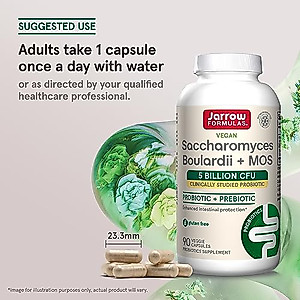 Jarrow Formulas Saccharomyces Boulardii Probiotics + MOS 5 Billion CFU Probiotic Yeast for Intestinal Health Support, Gut Health Supplements for Women and Men, 90 Veggie Capsules, 90 Day Supply